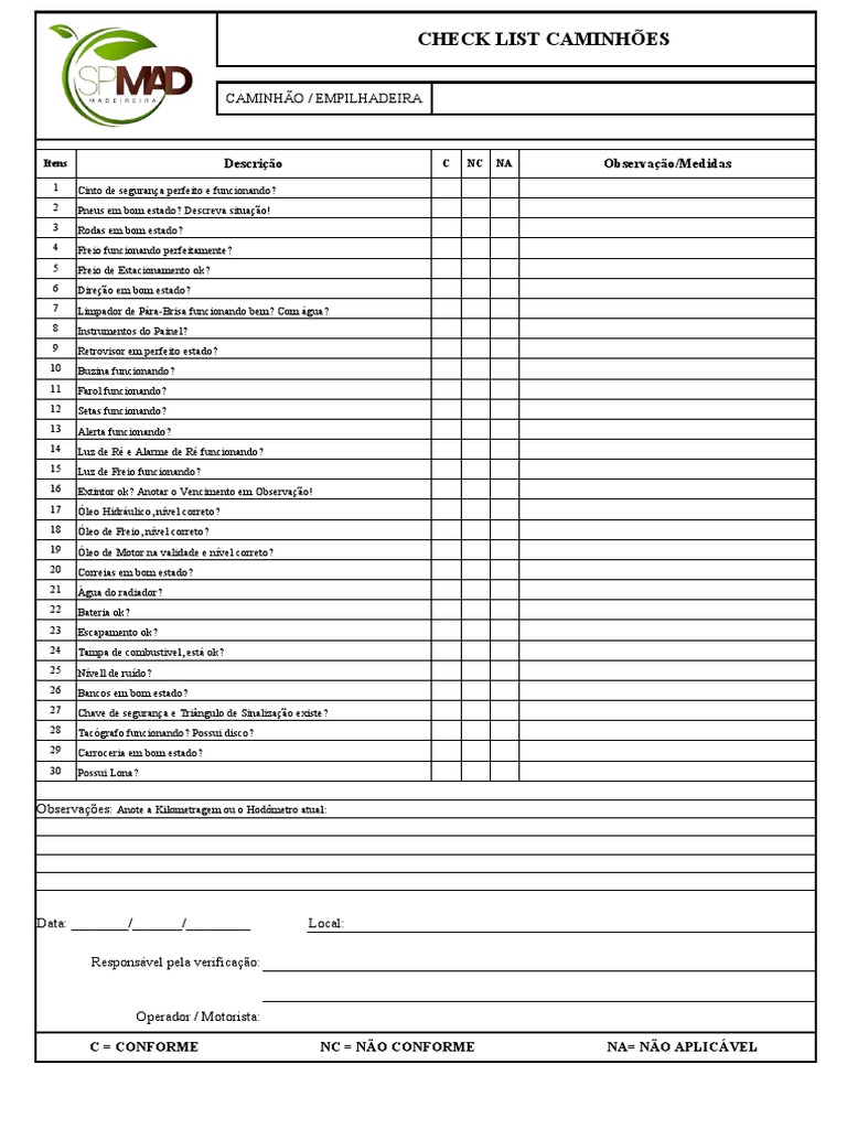 Check list de inspeção de caminhões e empilhadeiras | PDF Check list de inspeção de caminhões e empilhadeiras | PDF