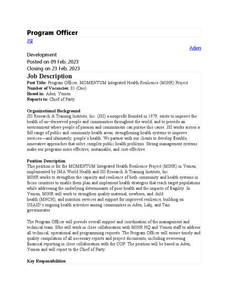 JSI Program Officer | PDF | United States Agency For International ...