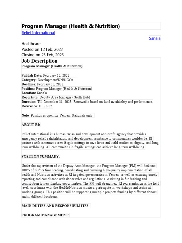 Relief International Health Program Manager Job in Yemen | PDF