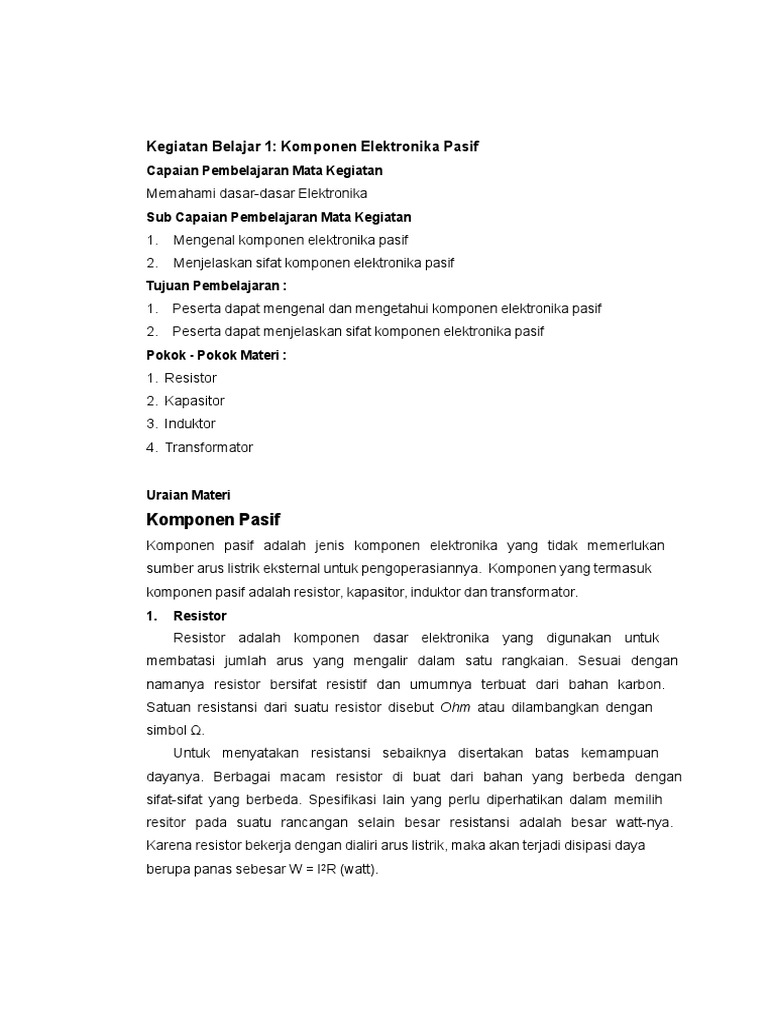 Komponen Pasif Kegiatan Belajar 1 Komponen Elektronika Pasif | PDF