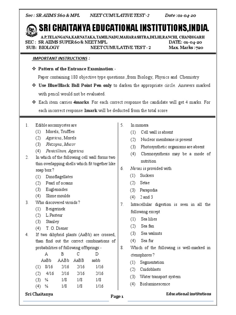 NEET Test Series 2 | PDF | Dominance (Genetics) | Biology