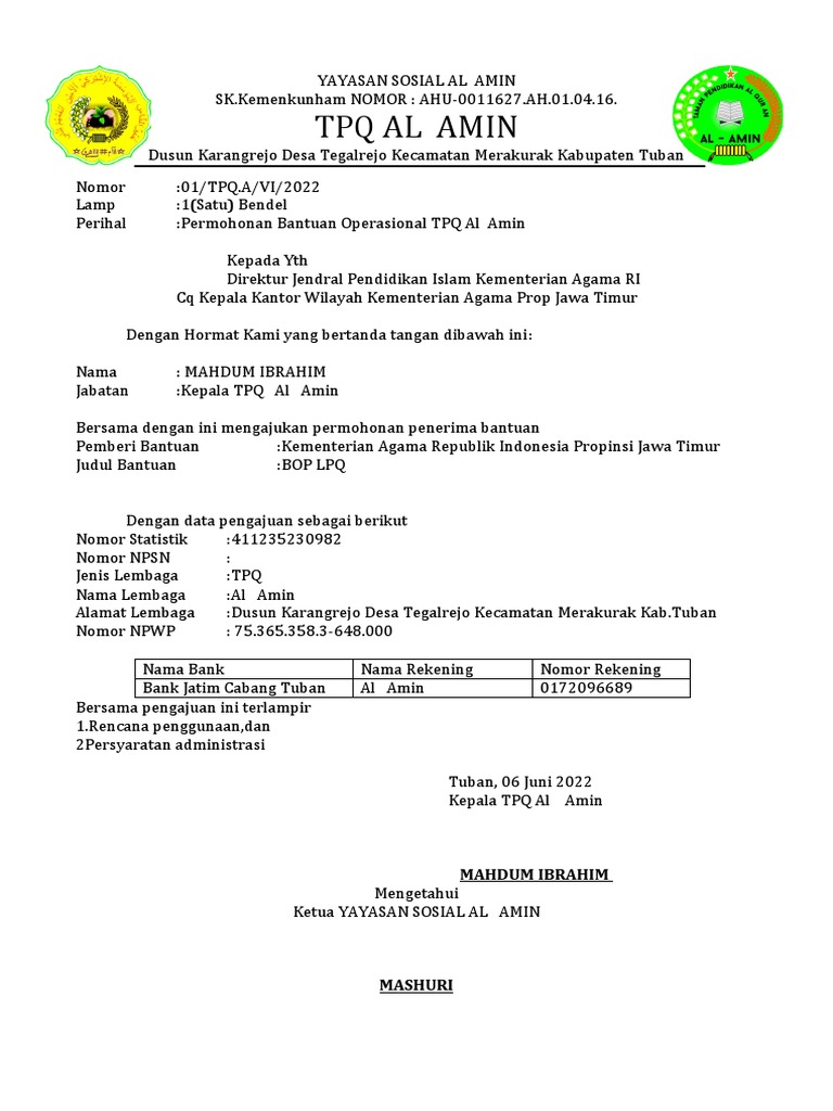 Permohonan Bantuan TPQ Al Amin | PDF