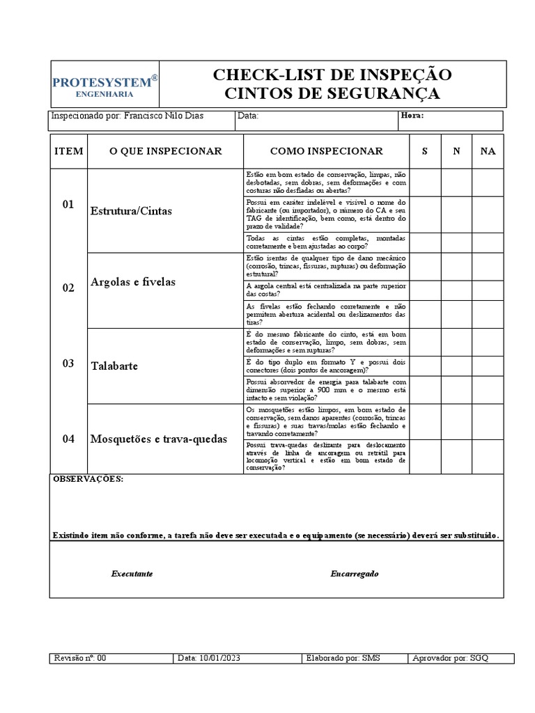 Check-List de Inspecao Cintos de Segurança | PDF