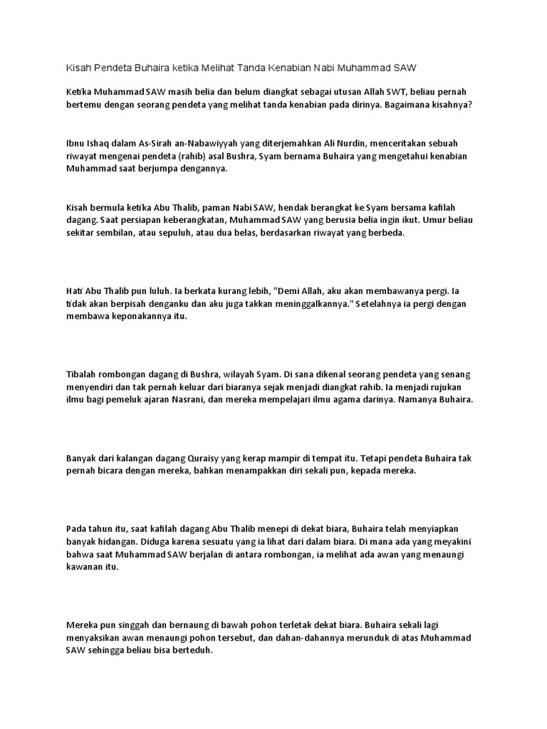 Kisah Pendeta Buhaira Ketika Melihat Tanda Kenabian Nabi Muhammad SAW | PDF
