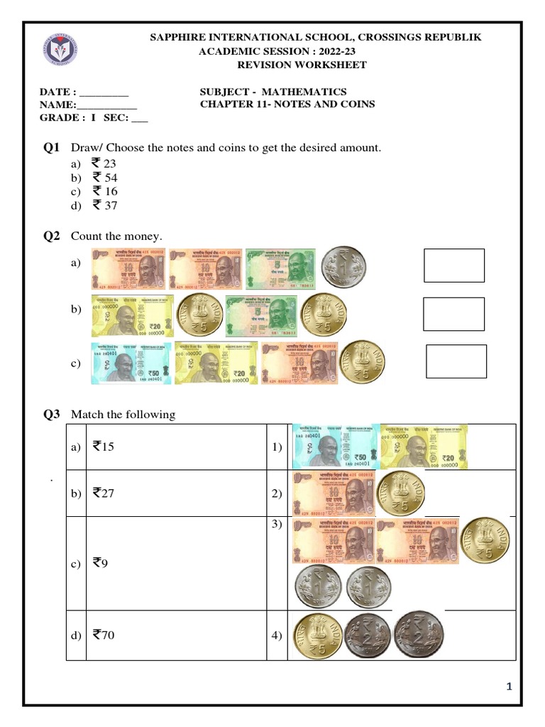 Revision Sheet Pa 4 Maths Notes and Coins | PDF