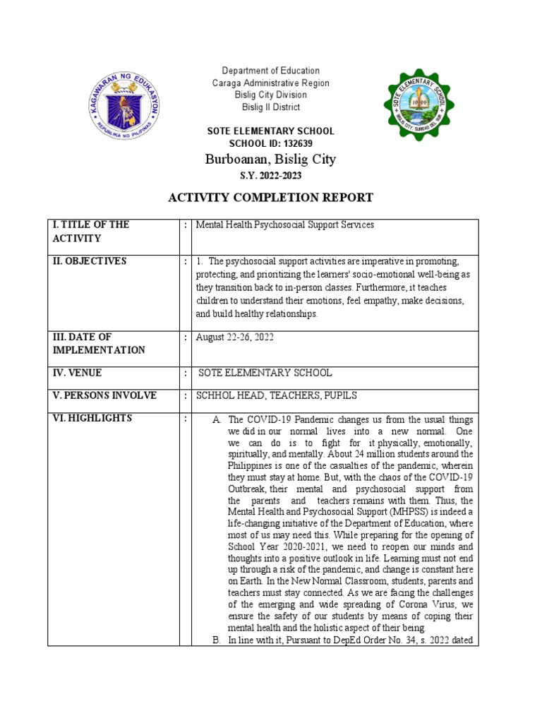 MHPSS Accomplishment Report | PDF | Mental Health | Teachers
