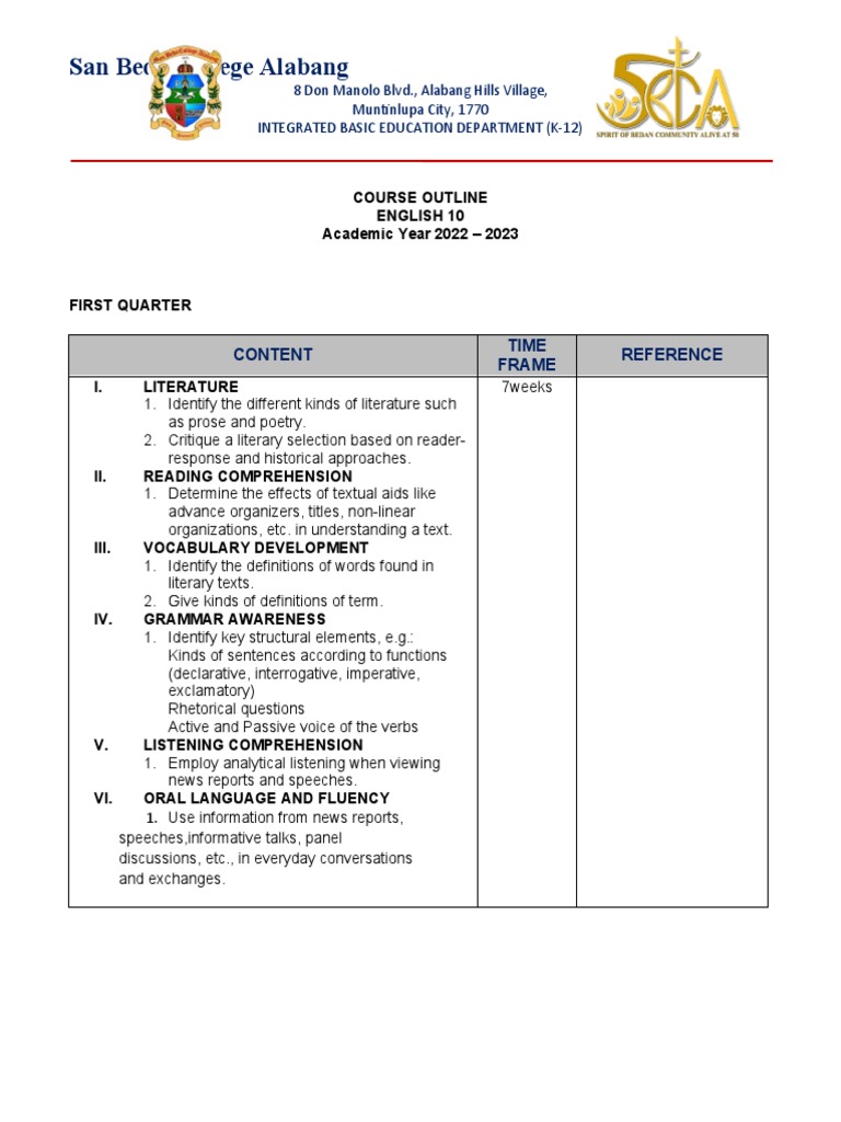 Final Course Outline English 10 S.Y. 2022 2023 | PDF | Reading ...