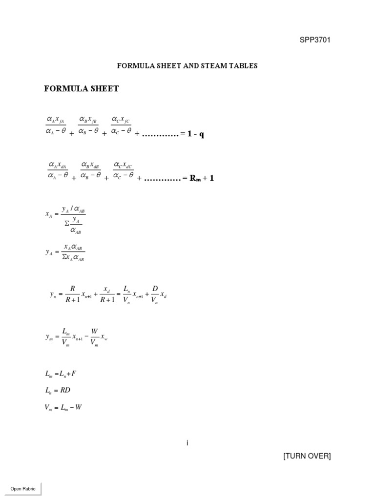 SPP3701 Formula Sheet and Steam Tables - 2021 | PDF | Pressure | Heat