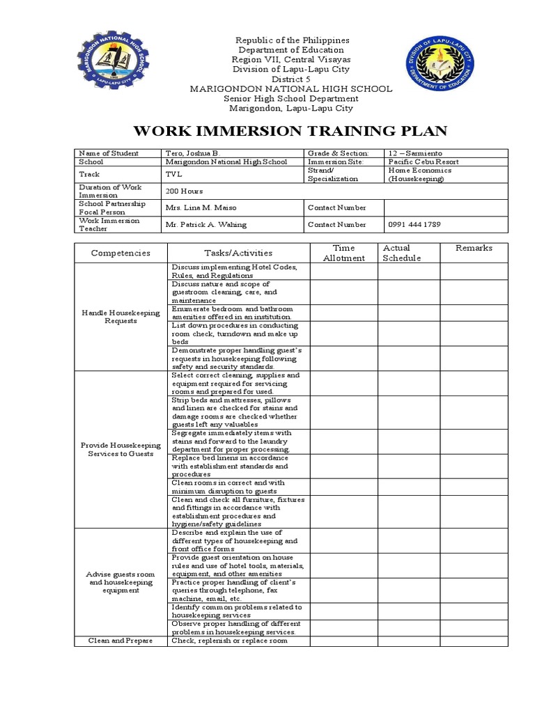 Work Immersion Plan for Housekeeping | PDF | Laundry | Housekeeping