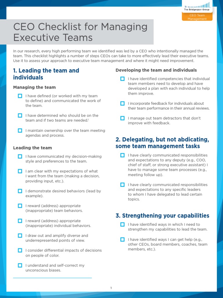 CEO MGMT Checklist Download PDF | PDF | Behavior | Chief Executive Officer