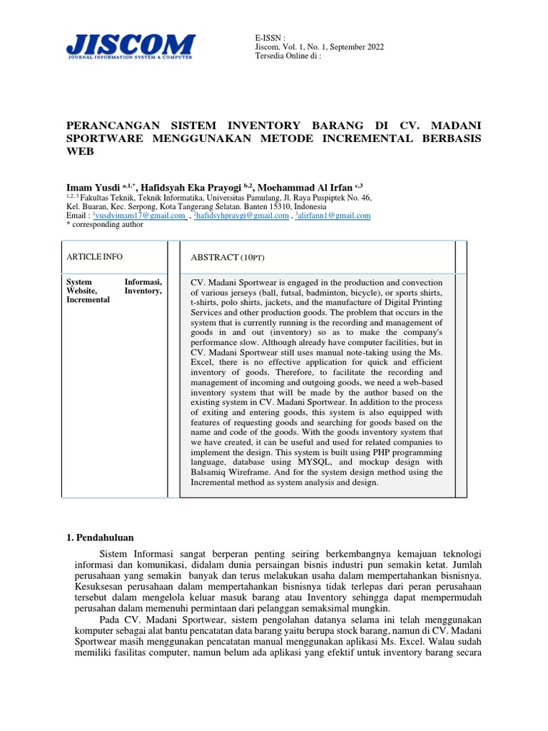 JURNAL PERANCANGAN SISTEM INVENTORY BARANG DI CV. MADANI SPORTWEAR ...