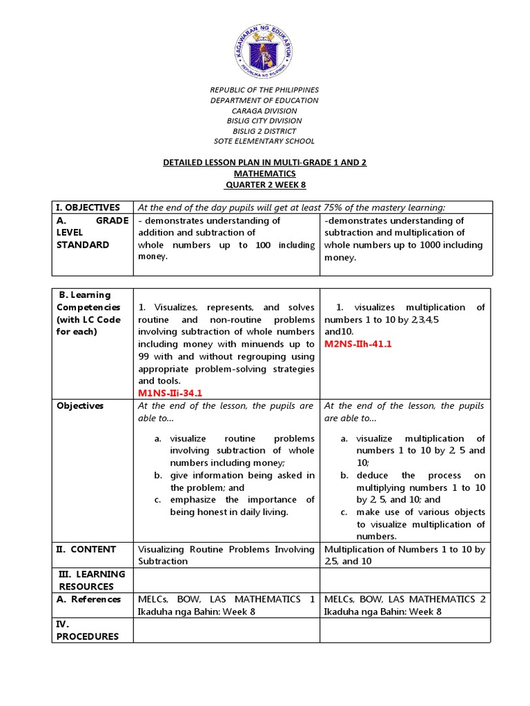 LP For Co2 2023 Mathematics 1 & 2 | PDF | Multiplication | Learning