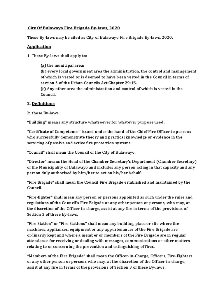 Bulawayo Fire Brigade By-laws 2020 | PDF | Fires | Kerosene