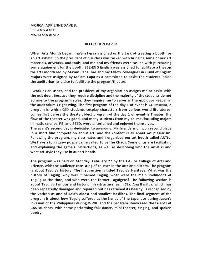 Arts Month Reflection and Activities | PDF | Art