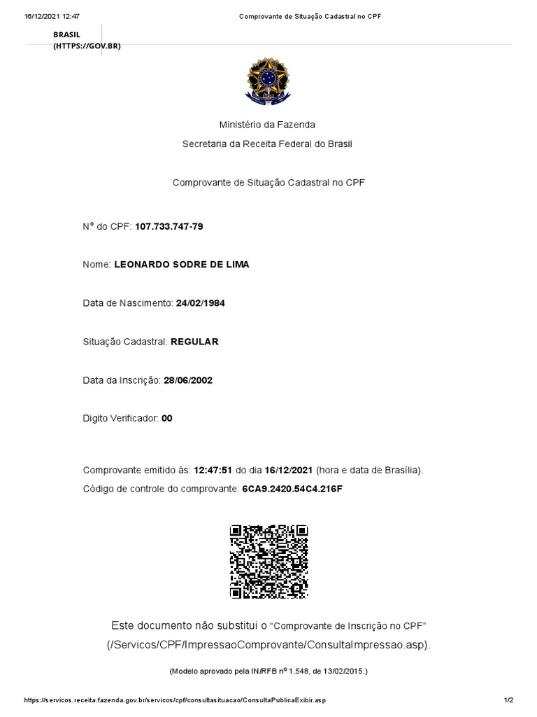 Comprovante de Situação Cadastral No CPF | PDF