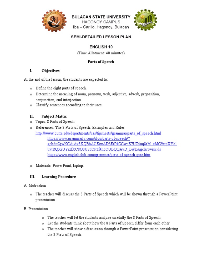 8 Parts of Speech Lesson Plan | PDF | Part Of Speech | Verb