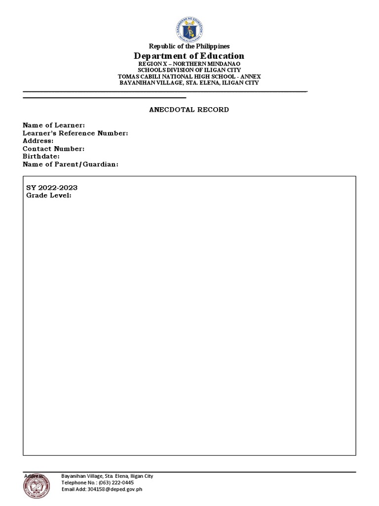 Anecdotal Record Form 1 | PDF