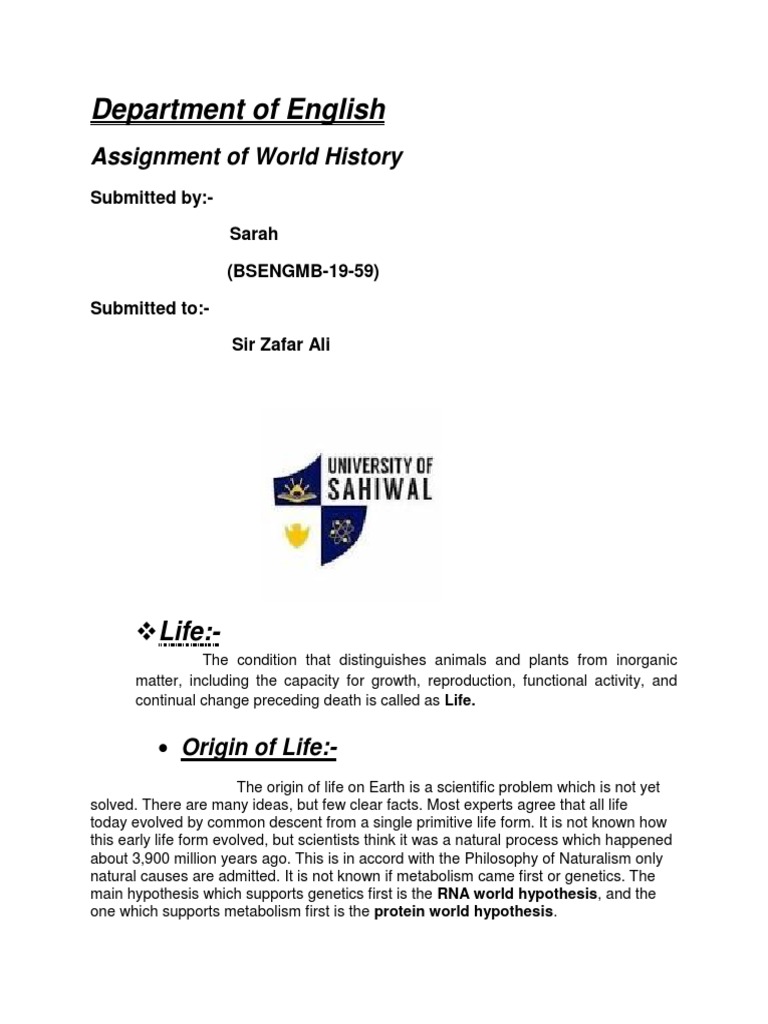 Assignment of History | PDF | Life | Abiogenesis