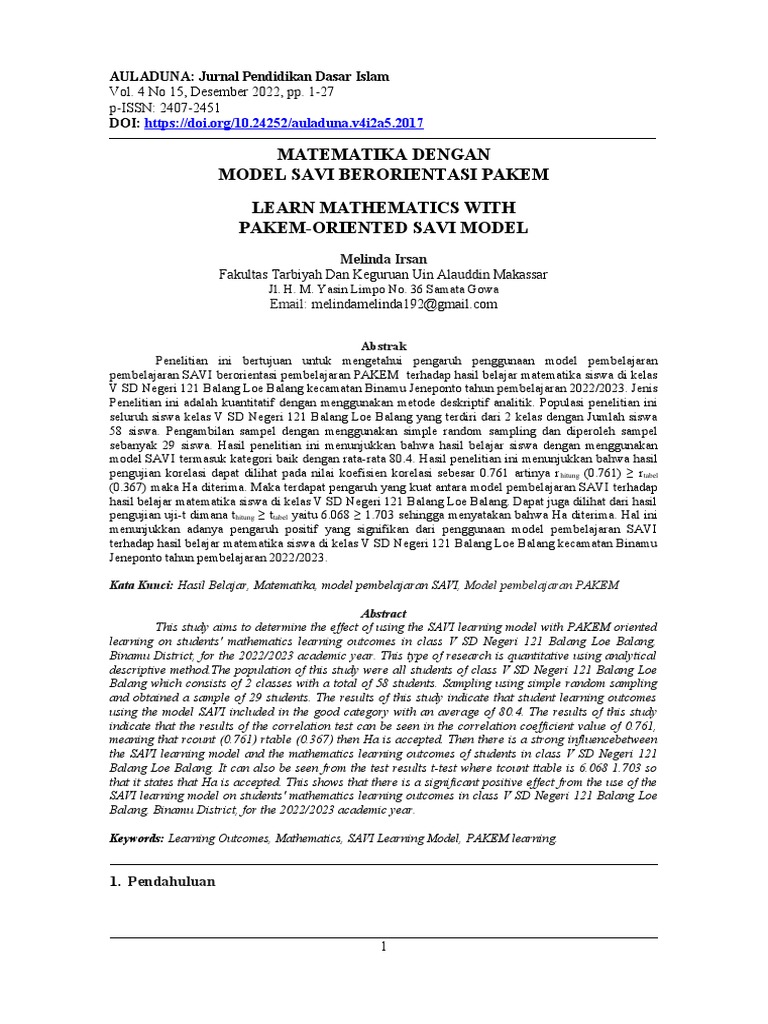 015 - Melinda Irsan - Pembelajaran Matematika Dengan Model Savi Berorientasi Pakem | PDF
