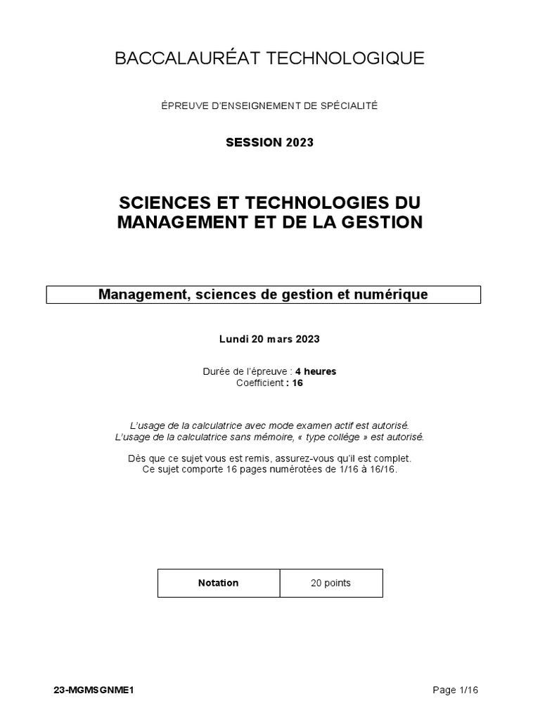 Sujet Bac STMG Management 2023 | PDF