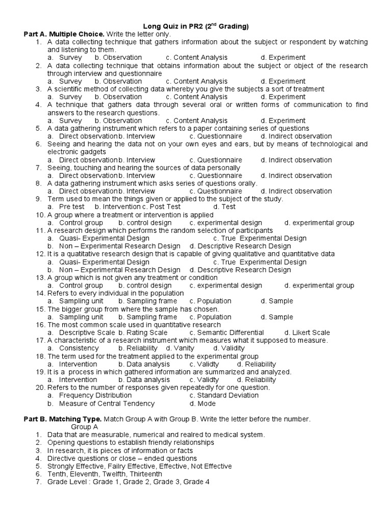 Quiz in Practical Research 1 | PDF | Sampling (Statistics) | Level Of ...
