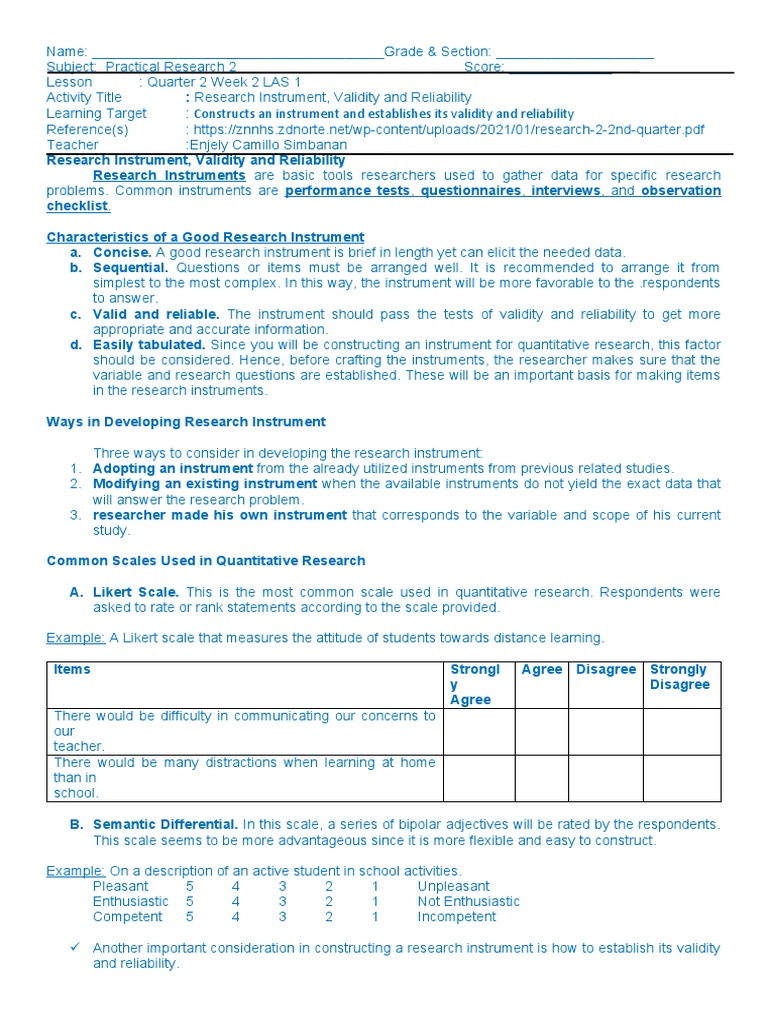 pr2 Q2 WEEK 3 LAS 1 &2 | PDF | Validity (Statistics) | Methodology