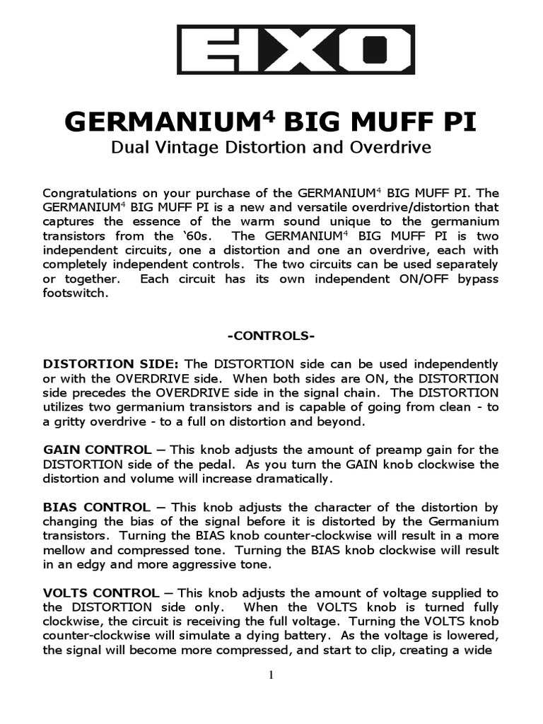 Germanium 4 Big Muff Pi Manual | PDF | Sound Technology | Electromagnetism