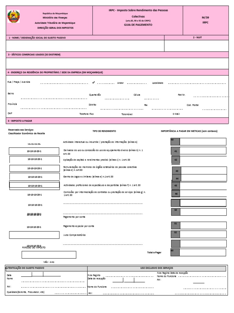 Modelo 39 - IRPC - Imposto Sobre Rendimento Das Pessoas Colectivas ...