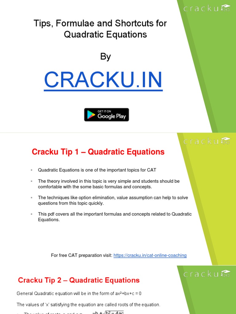 CAT Quadratic Equations Notes+Questions PDF | Download Free PDF ...