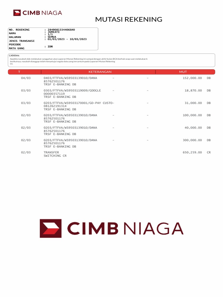Laporan Mutasi Rekening Jumiati | PDF