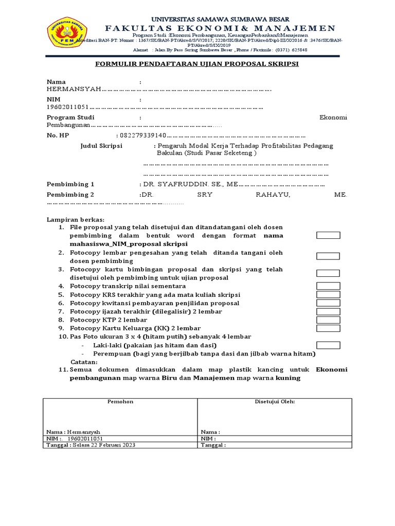 Formulir Pendaftran Ujian Proposal Dan Data Diri Mahasiswa | PDF