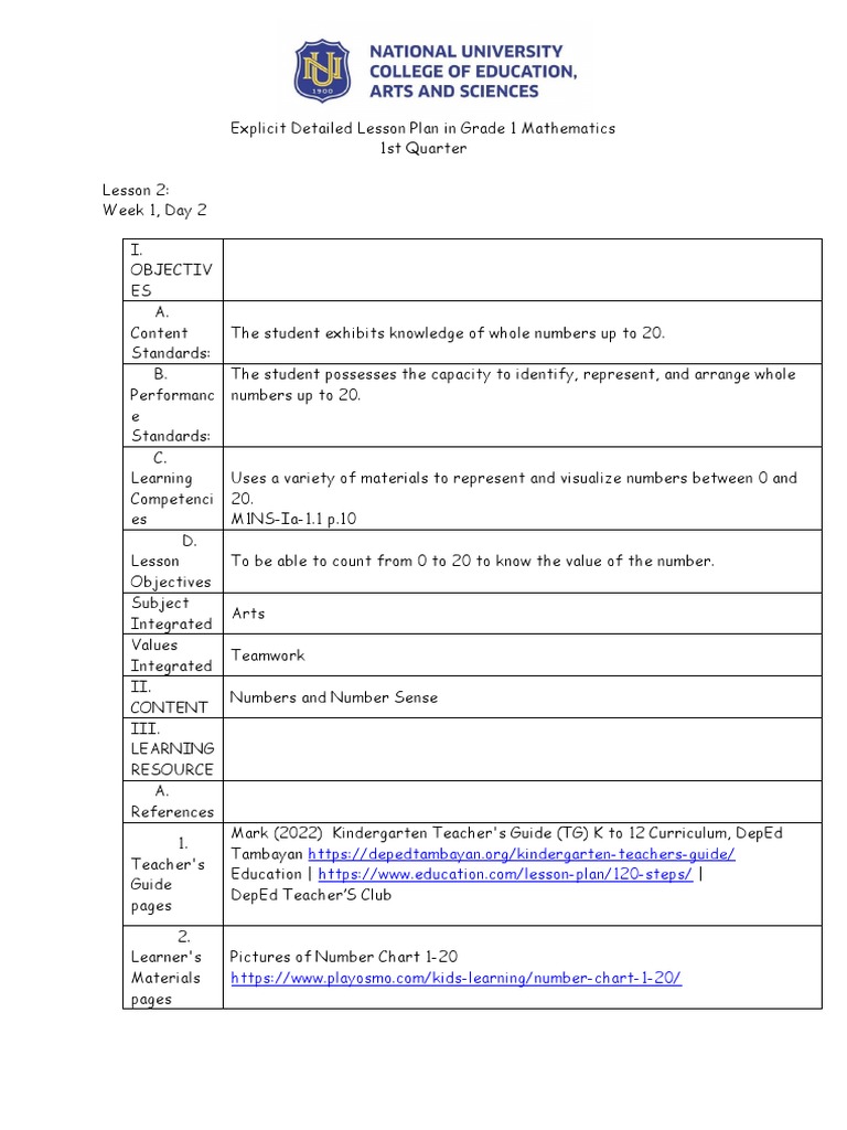 Grade 1 Counting Numbers Lesson Plan | PDF | Teachers | Lesson Plan