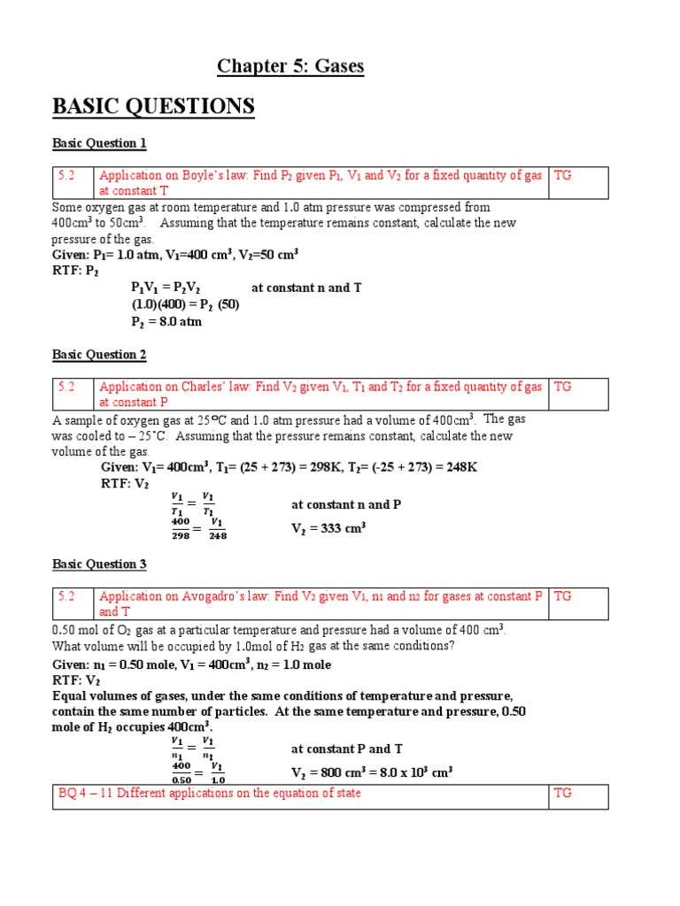 Applications of the Gas Laws: Worked Examples on Boyle's Law, Charles ...