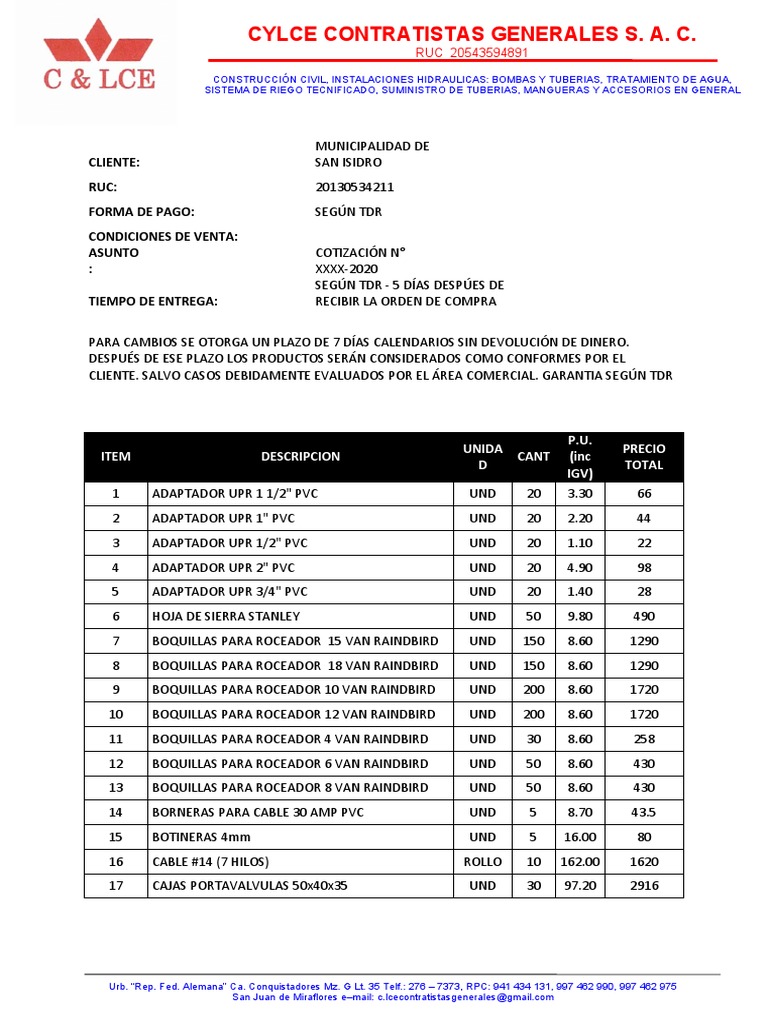Formato Cotización C-LCE | PDF | Plomería | Herramientas
