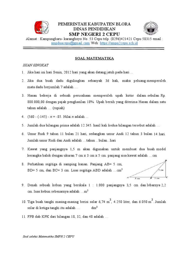 Soal Seleksi MTK SMP 2 Cepu | PDF | Metode & Bahan Ajar | Griya & Taman