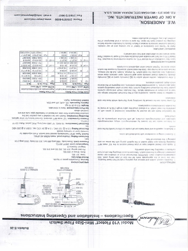 Mini Size Flow Switch We Anderson Model V10 Flotech Pdf Pdf