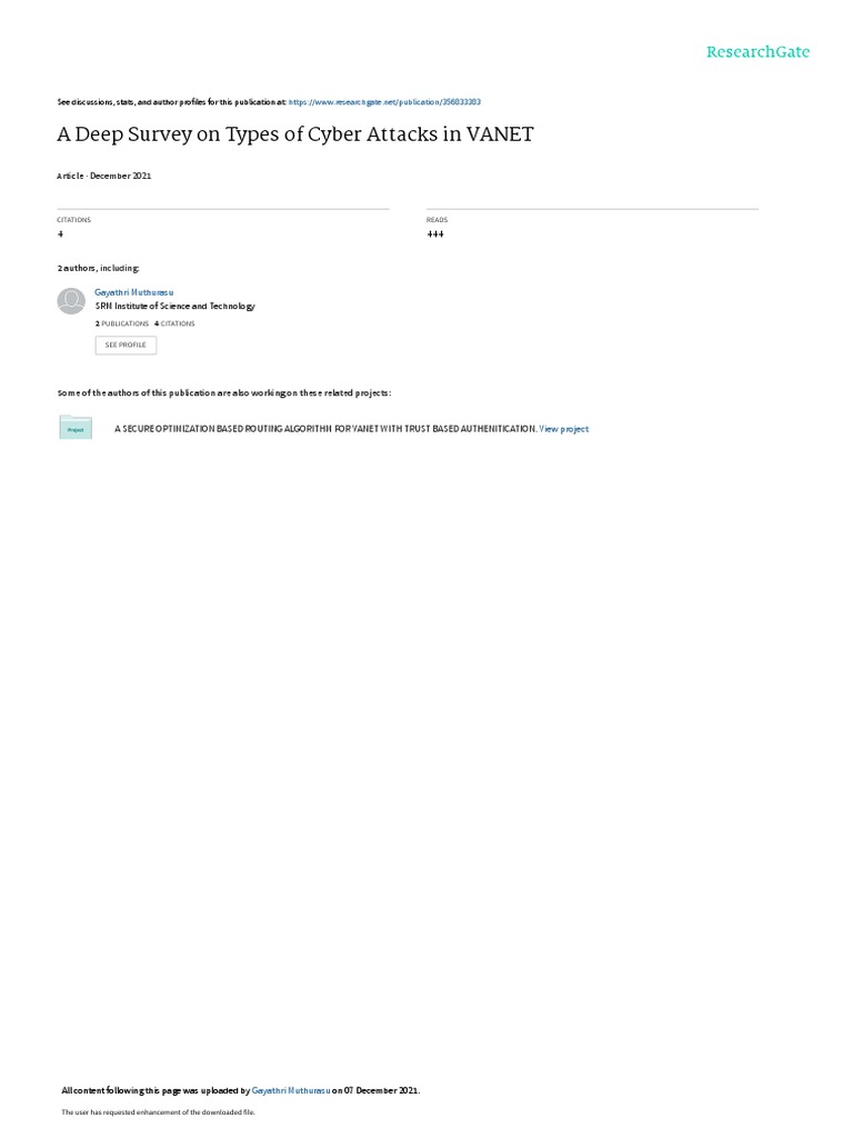 A Deep Survey On Types Of Cyber Attacks In Vanet Pdf Computer Network Wireless Ad Hoc Network