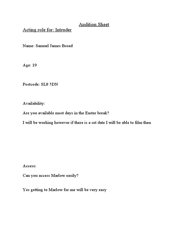 Sams Audition Sheet | PDF