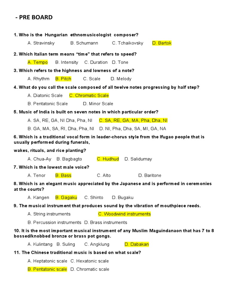 Preboard MAPEH | PDF | Scale (Music) | Classical Period (Music)