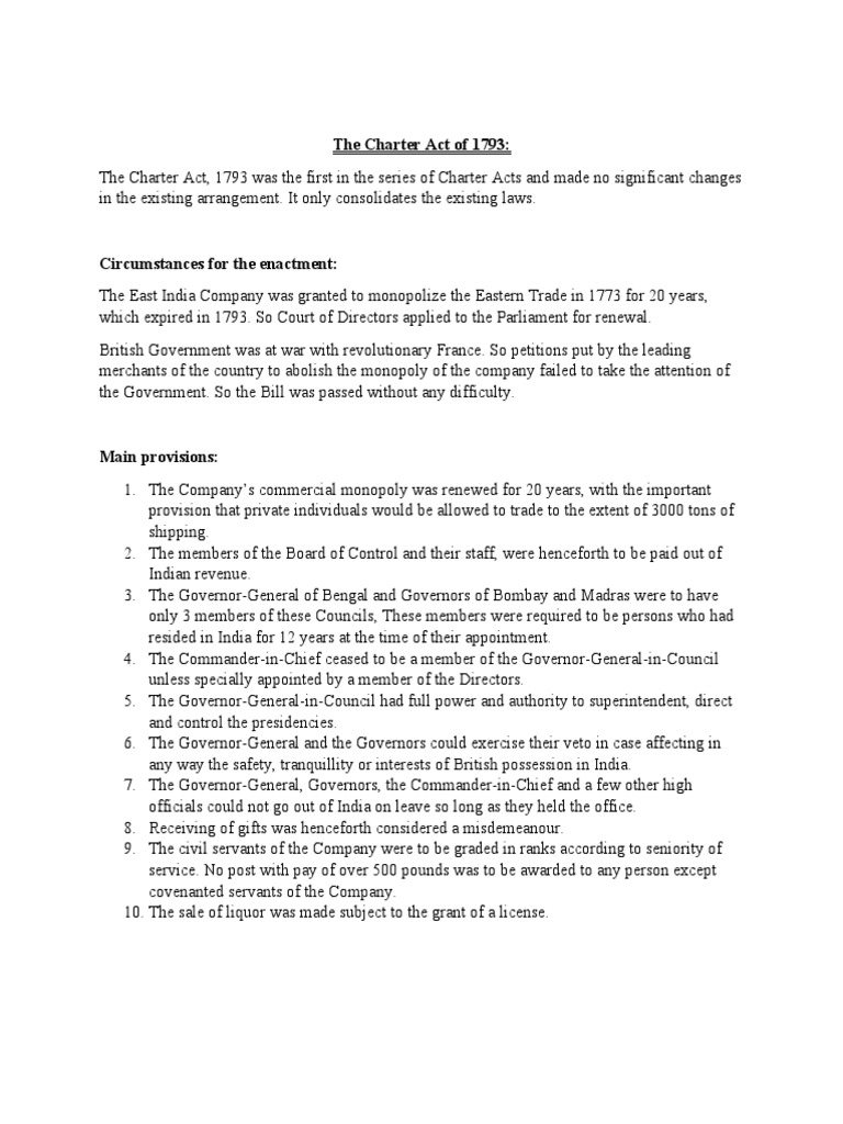 The Charter Act of 1793 Part One | PDF