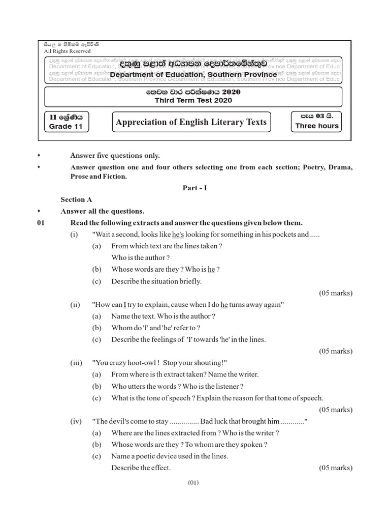 Grade 11 English Literature Paper 2020 3rd Term Test Southern Province ...
