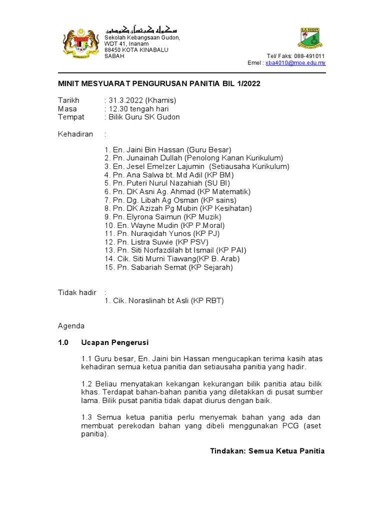 Minit Mesyuarat Ketua Panitia Bil 1 - 2022 | PDF