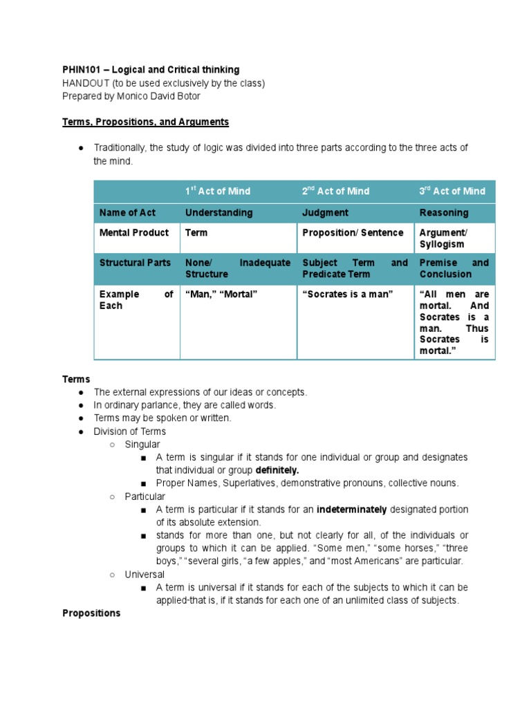 PHIN101 Handout | PDF | Proposition | If And Only If