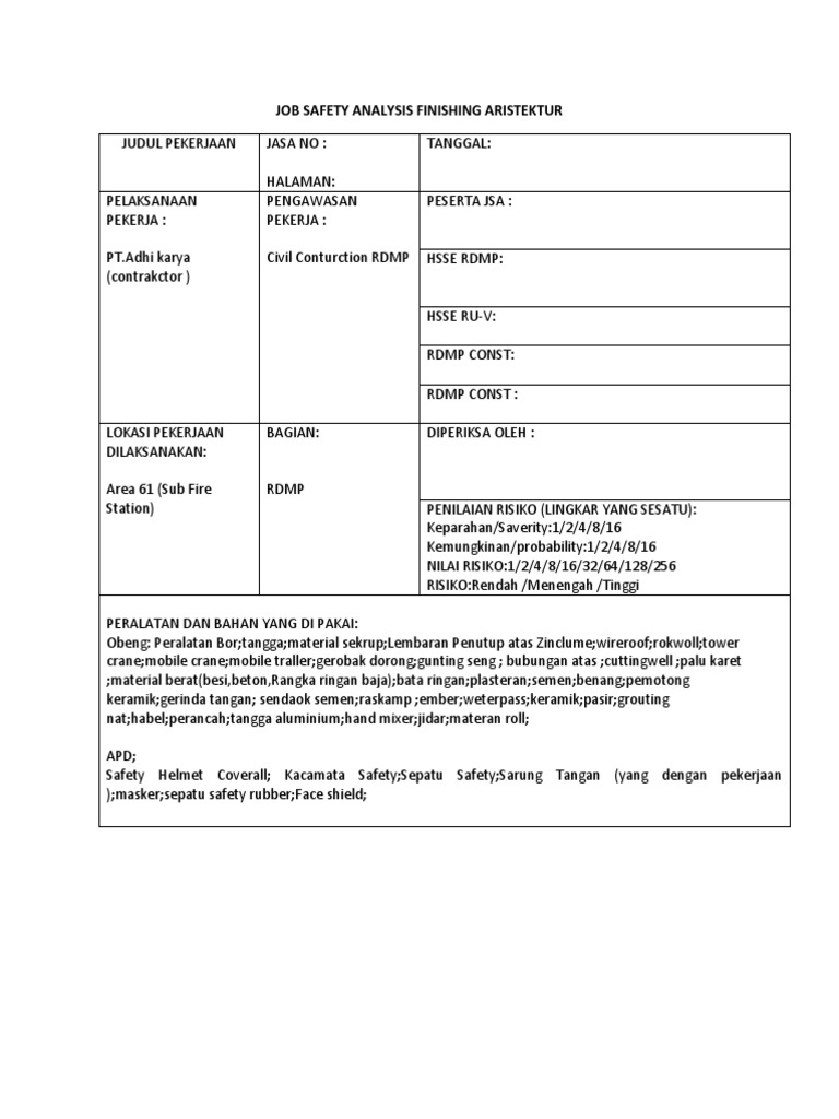 Contoh Job Safety Analysis Finishing Aristektur | PDF