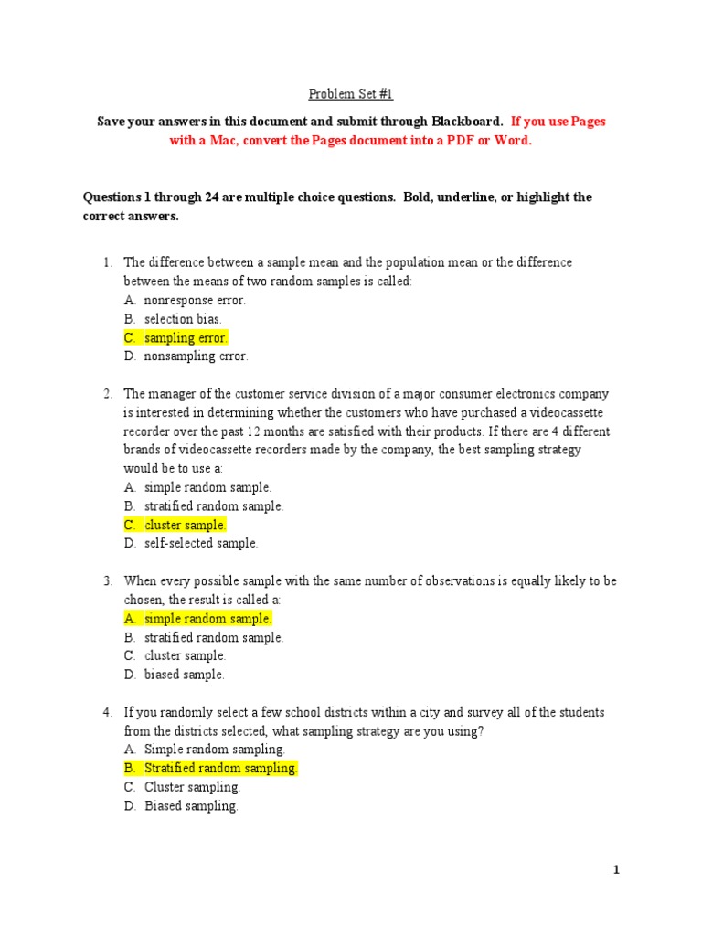 Save Your Answers in This Document and Submit Through Blackboard | PDF | Sampling (Statistics ...