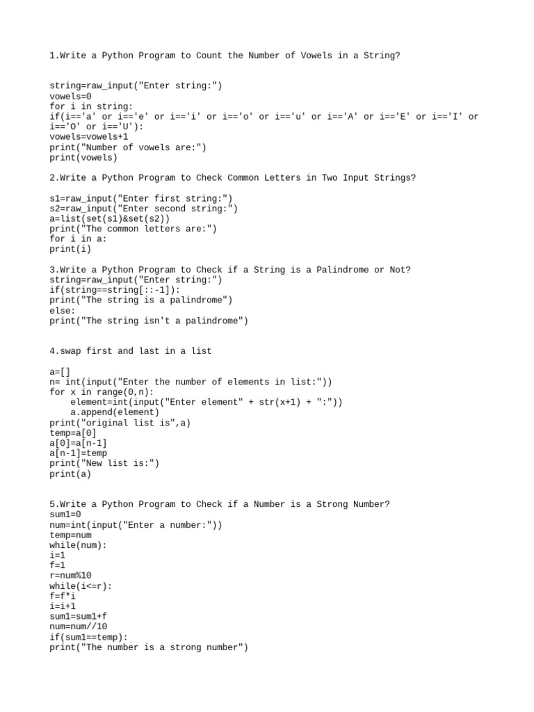 Python Programs: Vowels, Palindrome, Strong Number | PDF | Computers