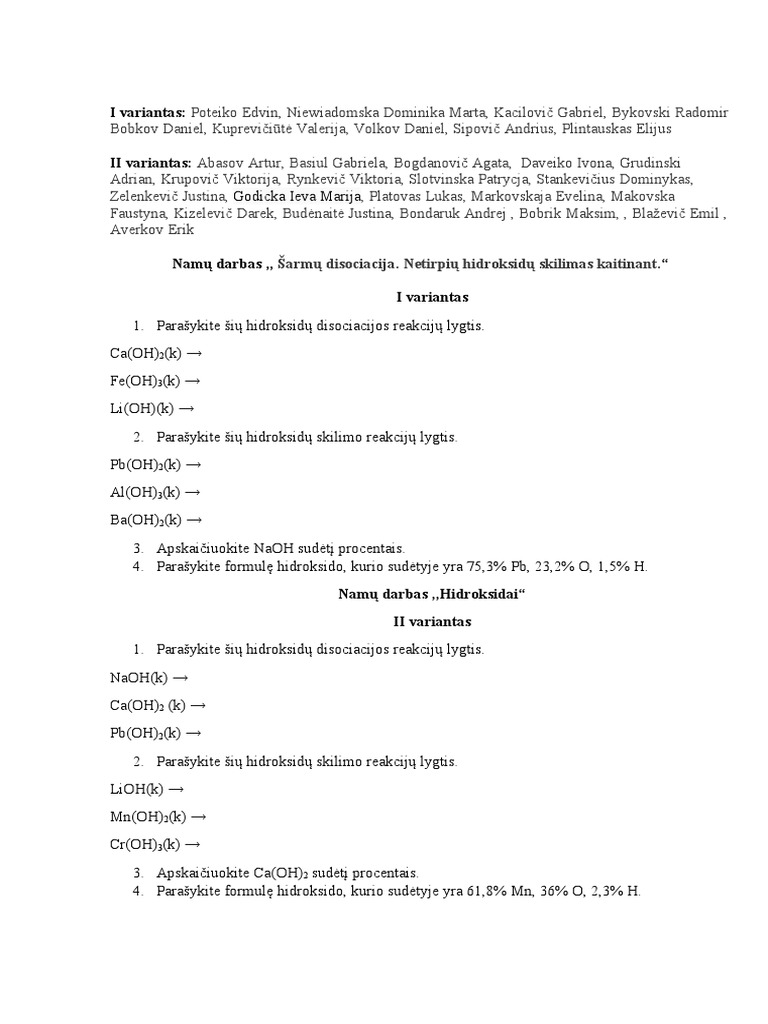 Namų Darbas ,,šarmų Disociacija. Netirpių Hidroksidų Skilimas Kaitinant ...