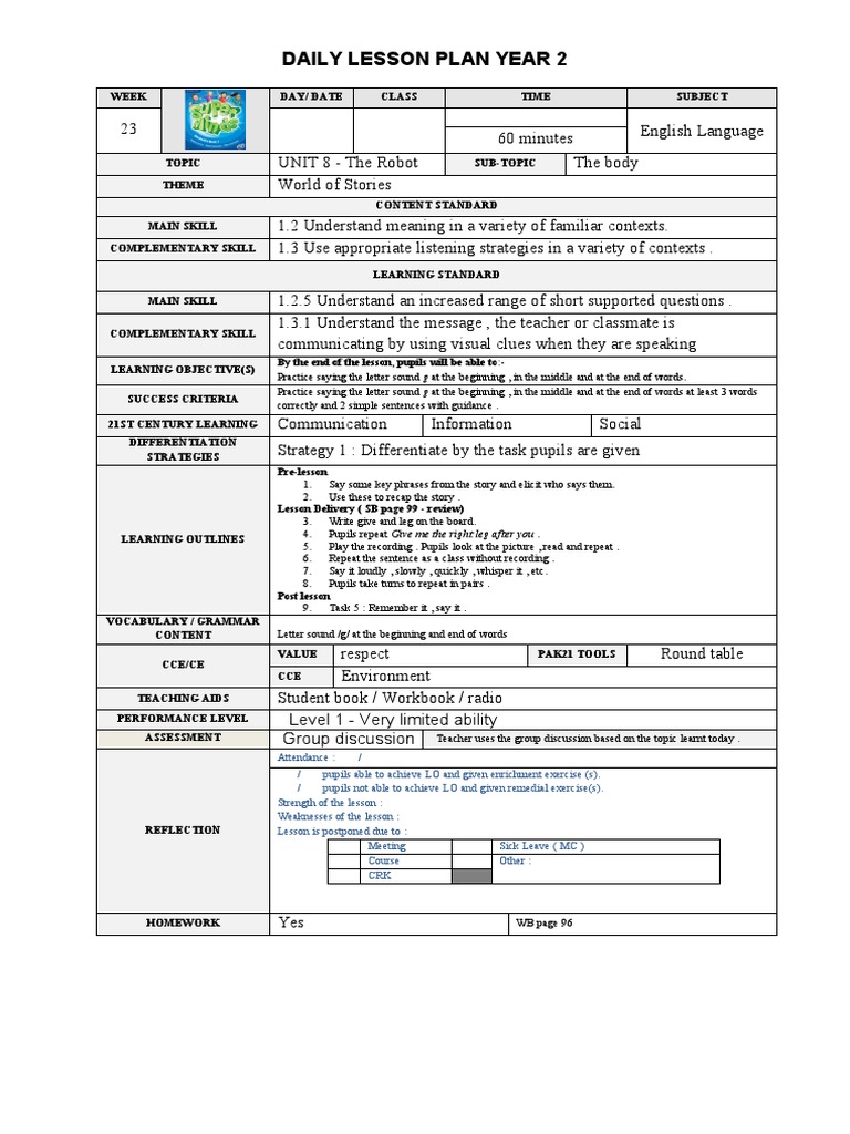 Week 23 - Unit 8 The Robot | PDF | Lesson Plan | Teachers