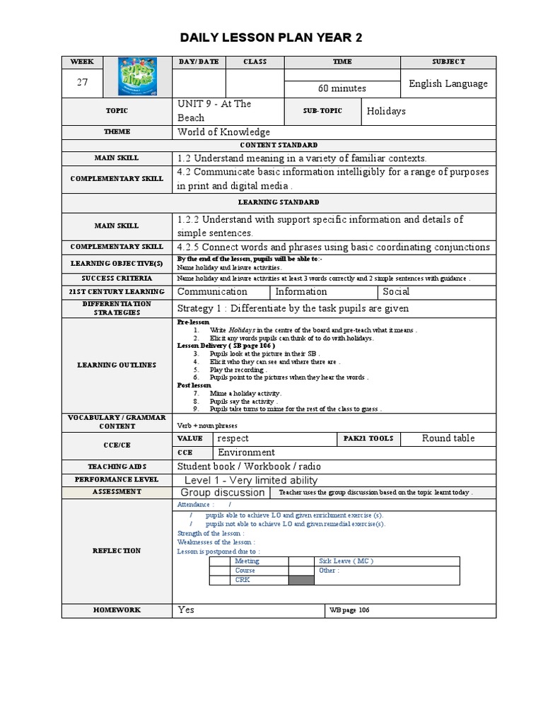 Week 27 - Unit 9 at The Beach | PDF | Lesson Plan | Learning