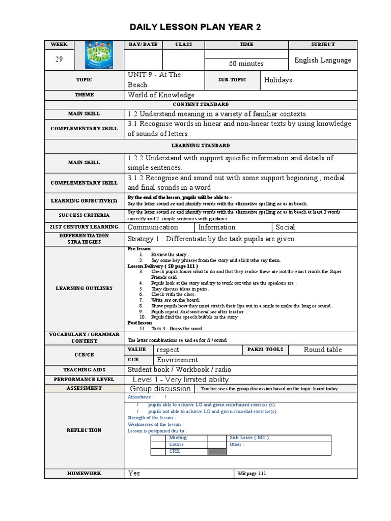 Daily Lesson Plan Year 2 English Language | PDF | Lesson Plan | Learning